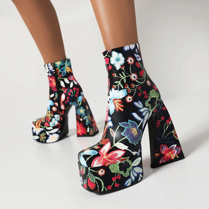 Colorful Flower Pattern Super High Cutout Chunky Heel Women's Ankle ...