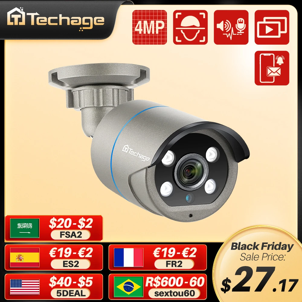 Techage H.265 4MP Two Way Audio POE IP Camera IP66 Waterproof Outdoor ...