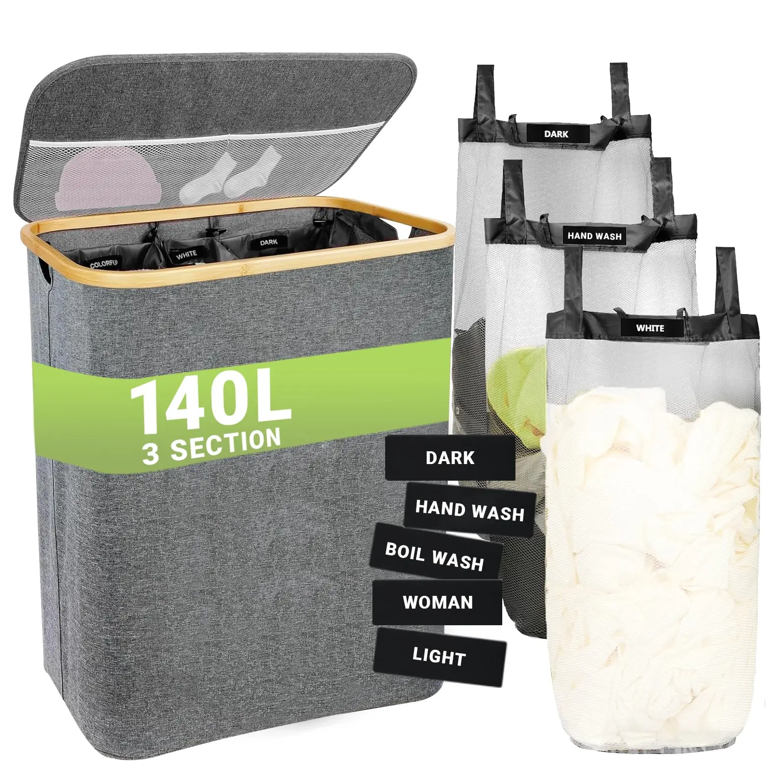 140-L-Laundry-Basket-3-Compartments-foldable-Laundry-Hamper-with-Lid ...
