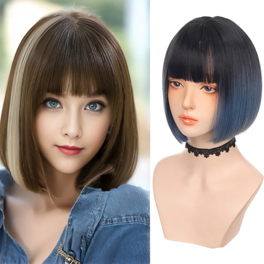 Synthetic-short-straight-black-and-blue-two-tone-wig-headsets-high ...