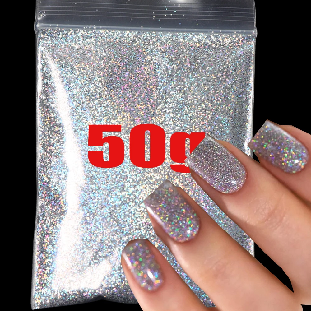 50g/Bag Holographic Silver Nail Glitter Powder 24-Color Laser Shiny ...