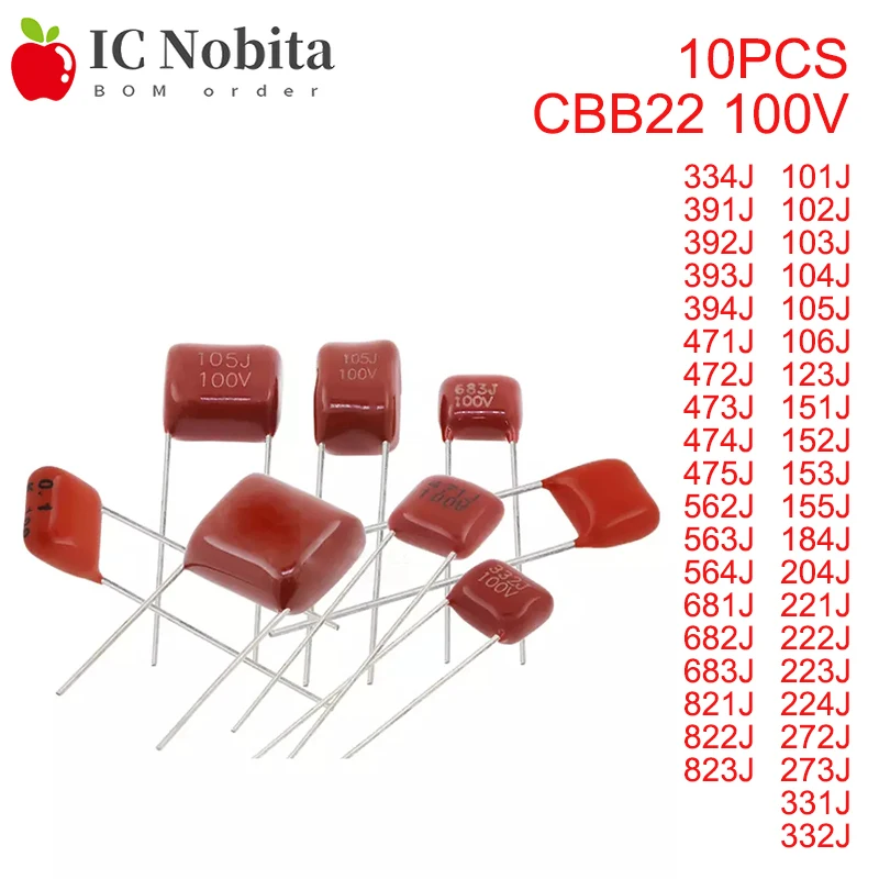 2-10PCS-CBB22-Metallized-Polypropylene-Film-Capacitor-100V-101J-823J ...