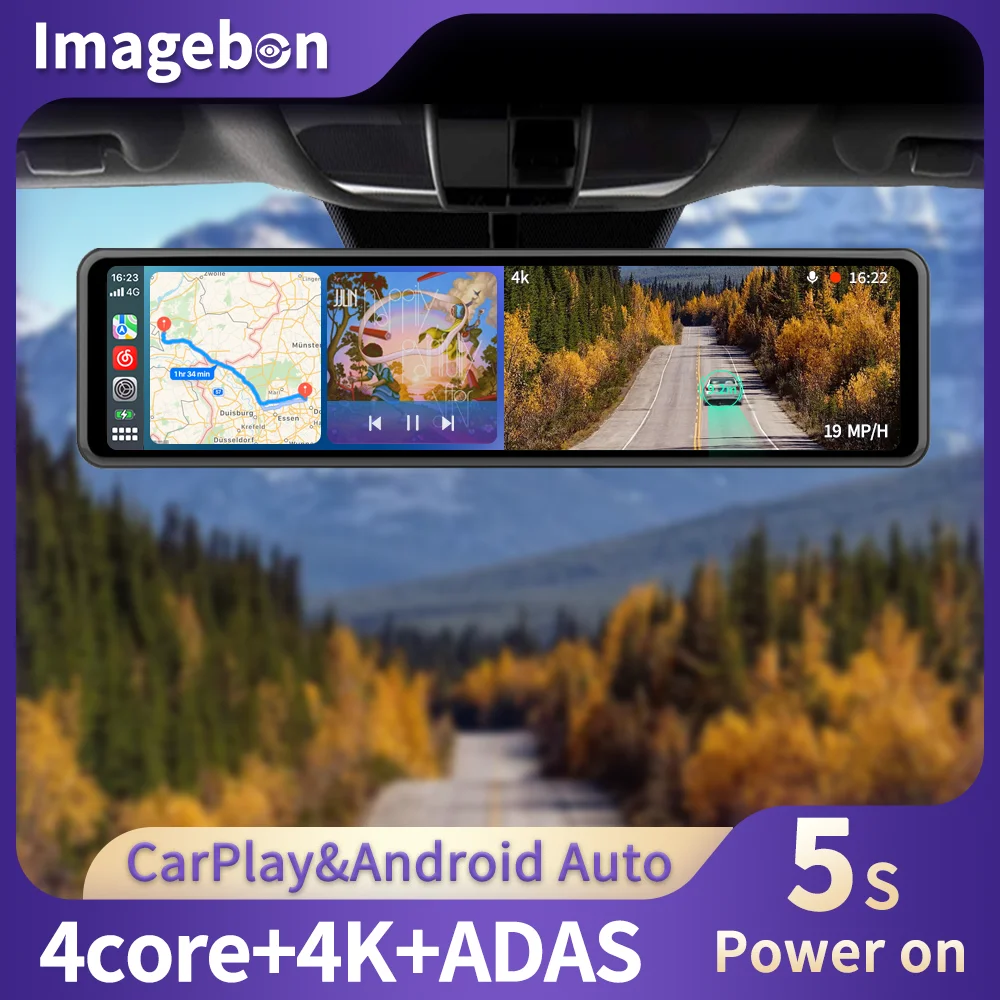 Imagebon 12" 4K ADAS Dash Cam Wireless CarPlay & Android Auto 5G WiFi ...