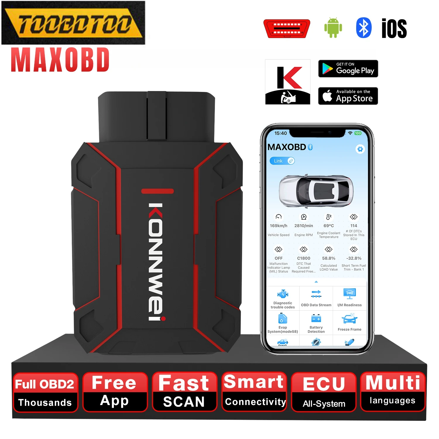 KONNWEI MAXOBD OBD2 Full System Scanner Scanner Diagnostic Tool for iOS ...