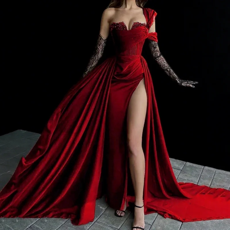 Red Soft Stain Mermaid Evening Dresses One Shoulder Side Split Prom ...