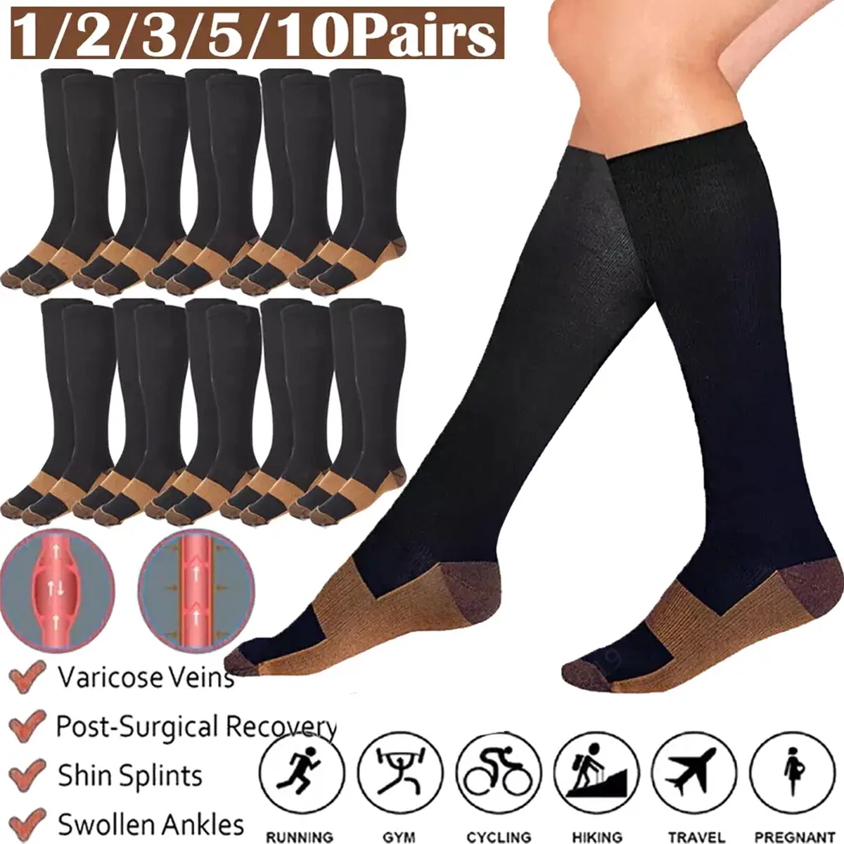1-10Pairs Unisex Anti-Fatigue Compression Socks Men Copper 20-30 Mmhg ...