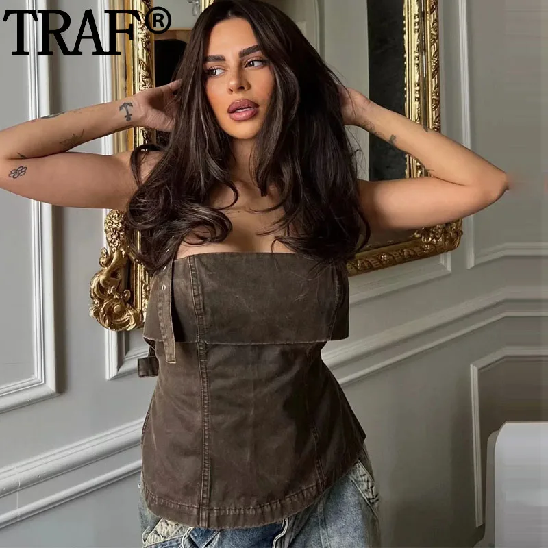 TRAF-Top-corto-con-cuello-Halter-para-mujer-Tops-marrones-con-hombros ...