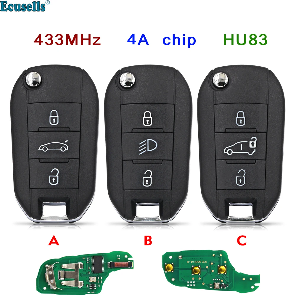 3 Button Flip Remote Key Fob 433MHz 4A Chip For Peugeot Partner 508 308 ...