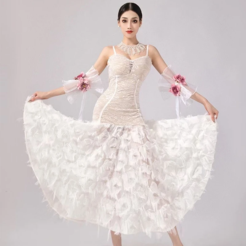 Ballroom-Dance-Competition-Dress-Women-White-Feather-Lace-Prom-Dress ...