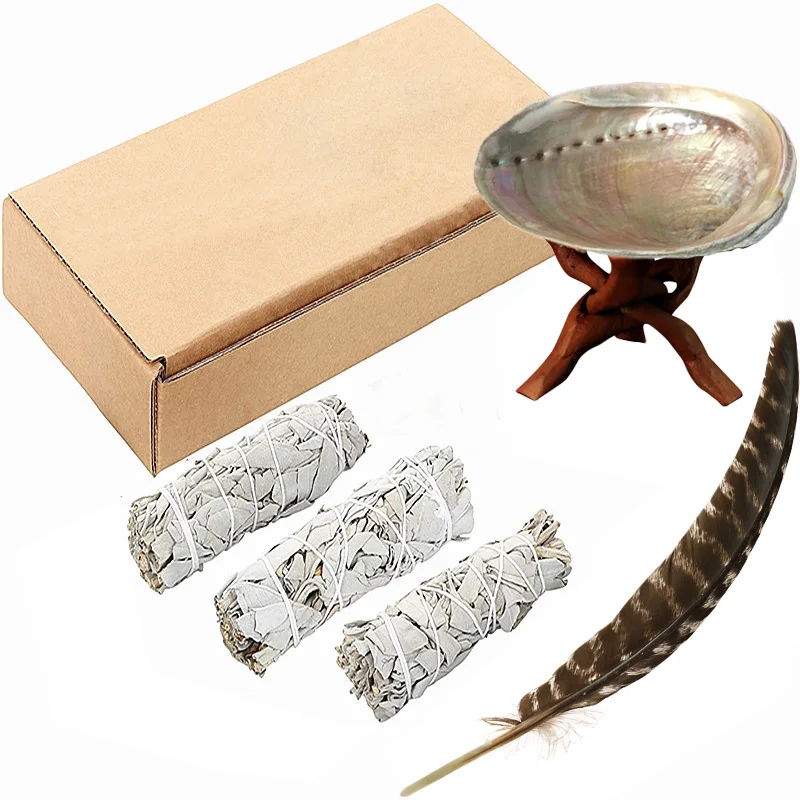White-Sage-Balone-Shell-Holder-Turkey-Feather-Set-Fragrance-Purify-The ...