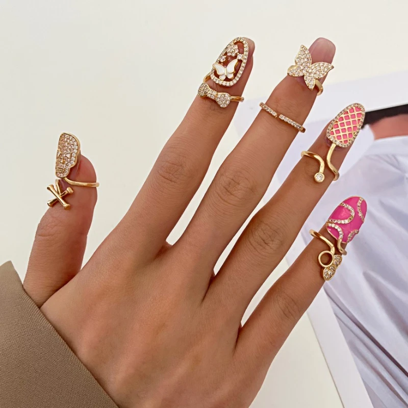 Rhinestone-Alloy-Nail-Rings-Press-on-Nails-Elegant-Wearable-Adjustable ...