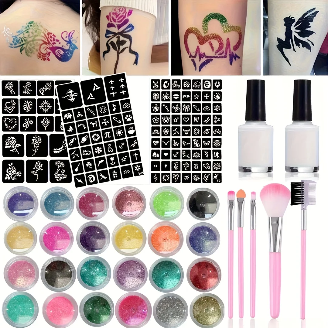 Colorful Glitter Wax Paper Brush Tattoo Kit,Temporary Body Art,DIY ...