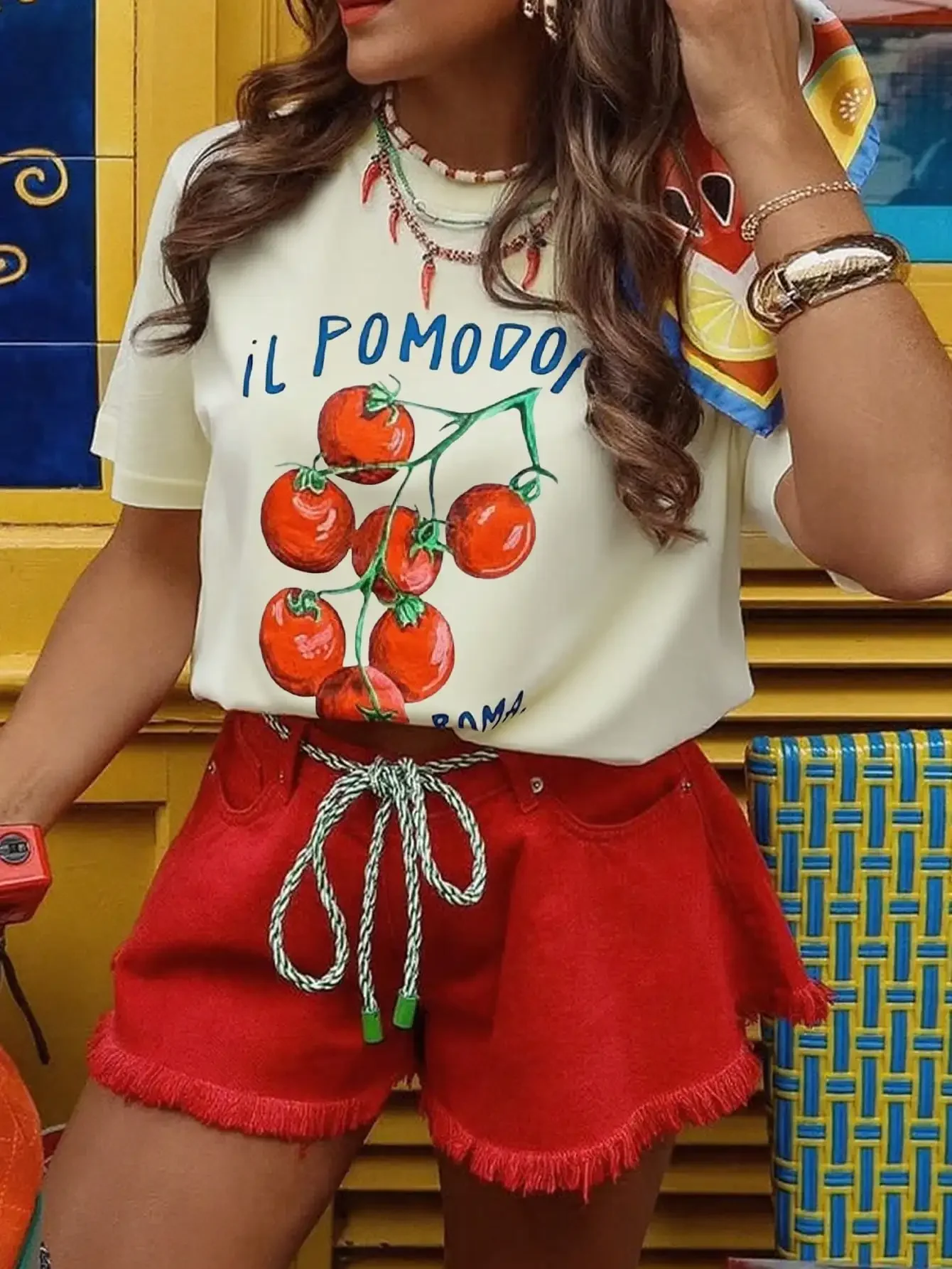 Cute Tomato Print Women's Tshirt Casual Round Neck Short Sleeve Graphic ...
