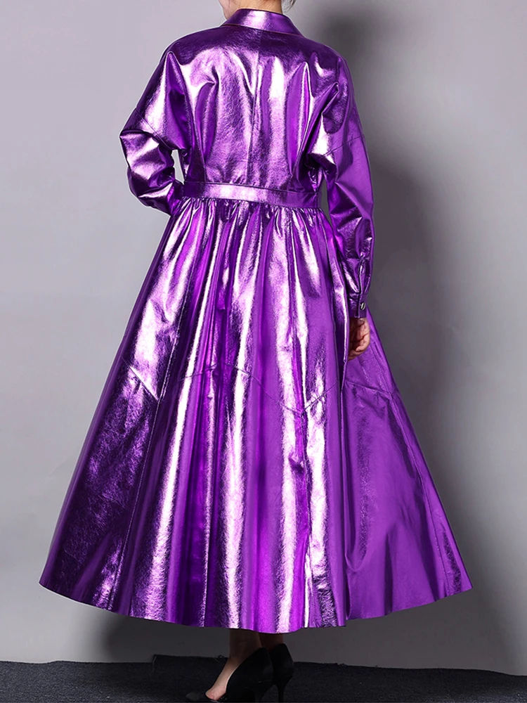 Lautaro Autumn Long Shiny Reflective Patent Pu Leather Trench Coat for ...