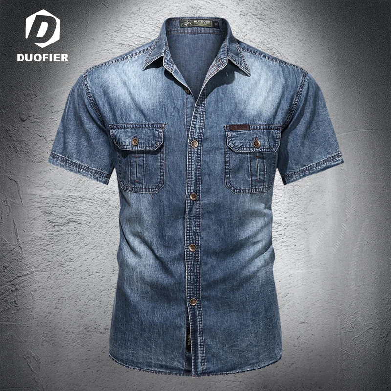 Vintage-Washed-Denim-Shirts-Men-Slim-Casual-Short-Sleeve-Mens-Clothing ...
