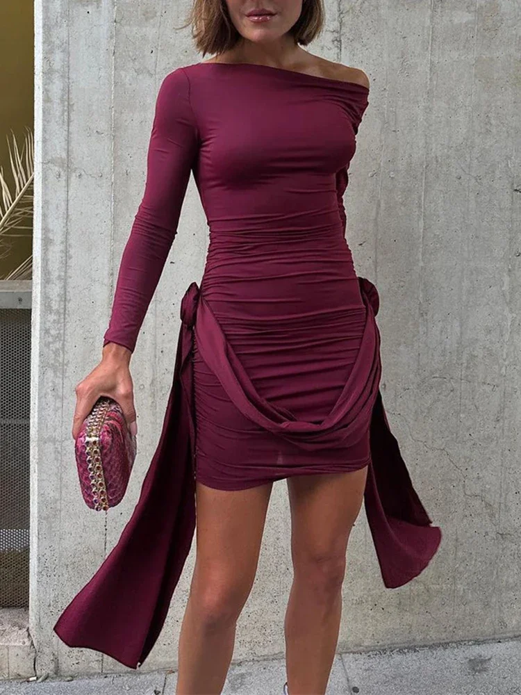 TRAUXY-Vestido-bodycon-plissado-de-flor-feminino-mini-vestido-fino-manga-comprida-monocrom-tico ...