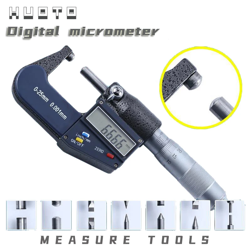3 button digital micrometer 0 25mm digital display pointed flat head ...