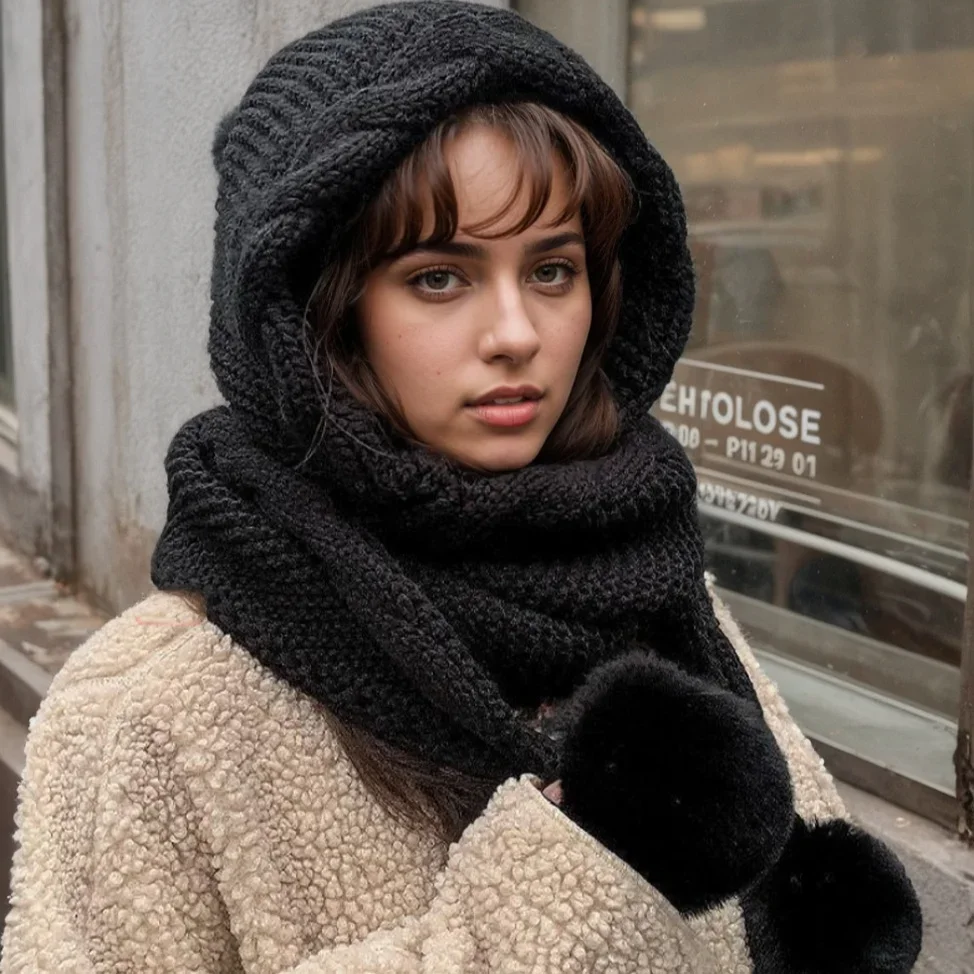 Women's Wool Hat Scarf One-Piece - Cute Pom Pom Ear Warmer, Thick Knit ...