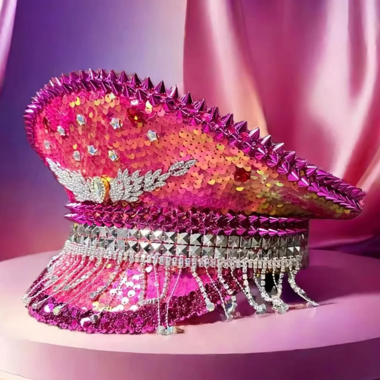 HongLuan Glitter Pink Steampunk Captain Hat Rhinestone for Burning Man ...