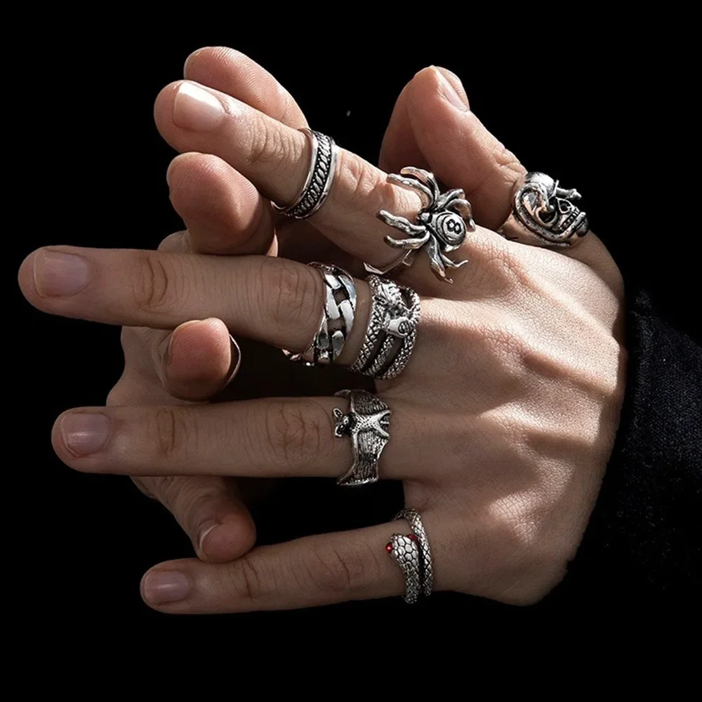 7pcs-Set-Punk-Hip-Hop-Stainless-Steel-Men-Ring-Vintage-Spider-Bat-Skull ...