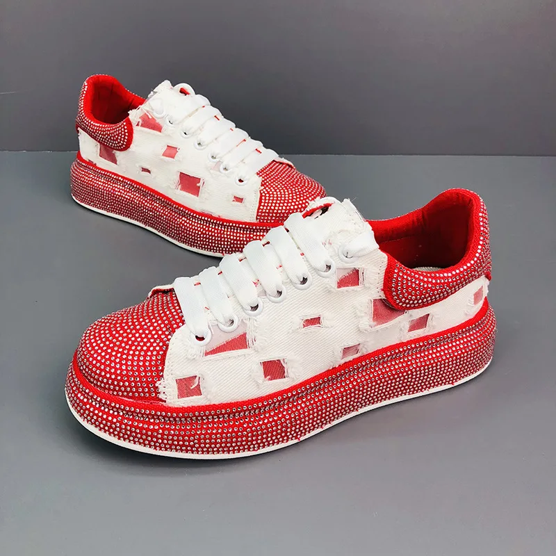 Sneakers Casual Men Women Ripped White Shoes Fashion Diamond Inlaid ...