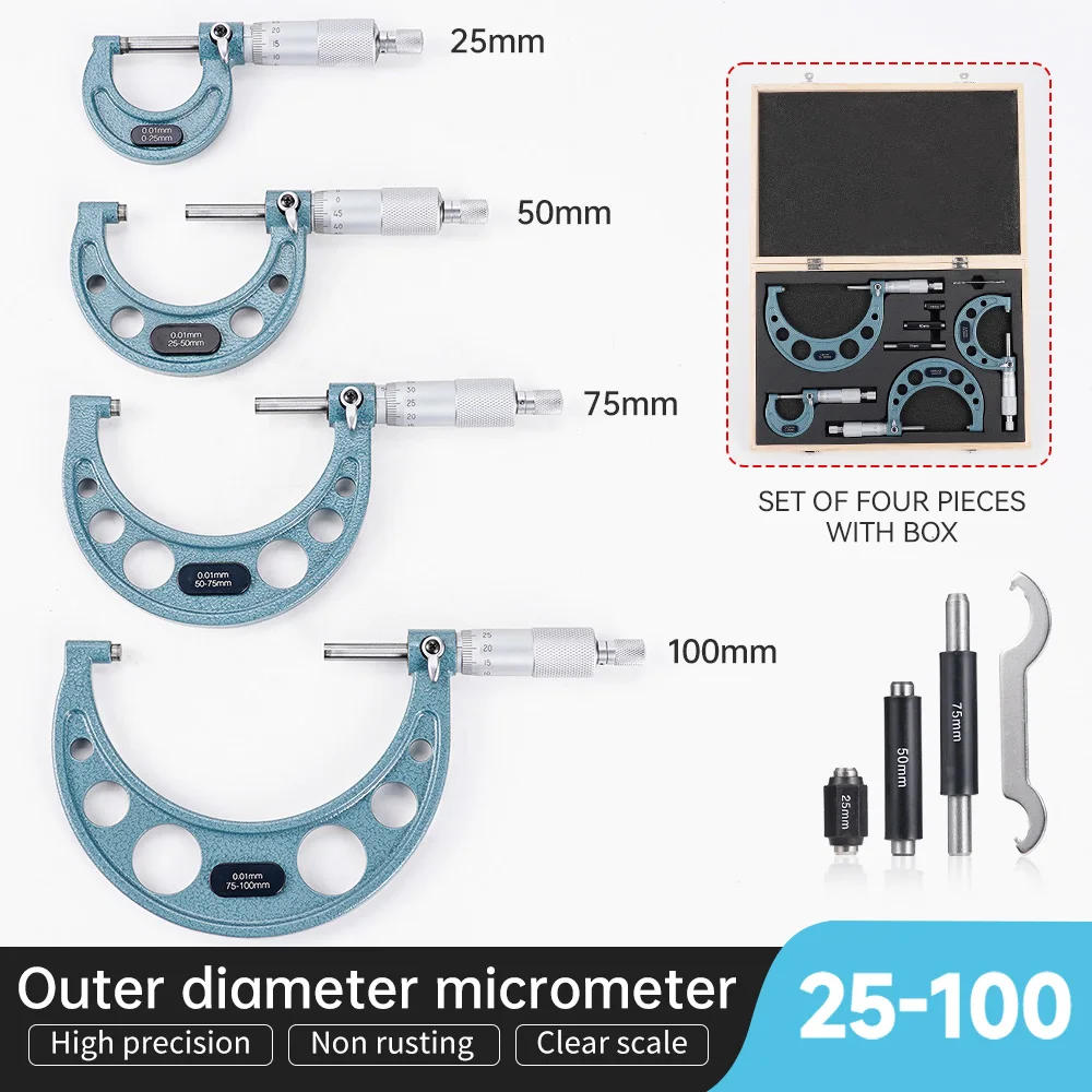 4Pcs-set-0-25mm-50mm-75mm-100mm-Outside-Micrometer-Set-with-Standards ...