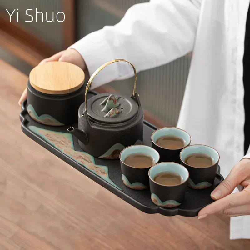 Japanese Style Hand Drawn Mountain Shadow Loop-Handled Teapot Dry Pour ...