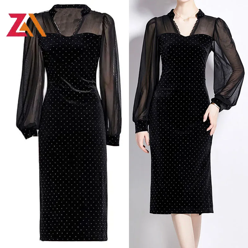 ZALady-autumn-velvet-black-patchwork-mesh-bodycon-slim-midi-dresses ...