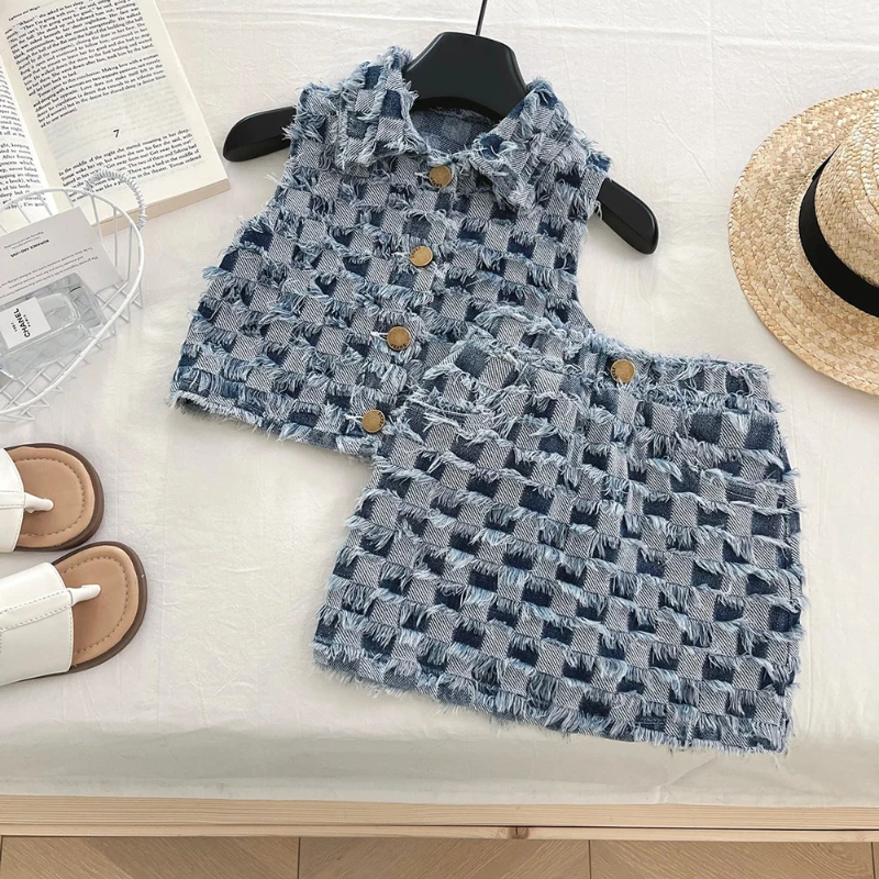 Girls' Denim Suit Summer New Denim Vestwith Raw Edge Checkerboard Lapel ...