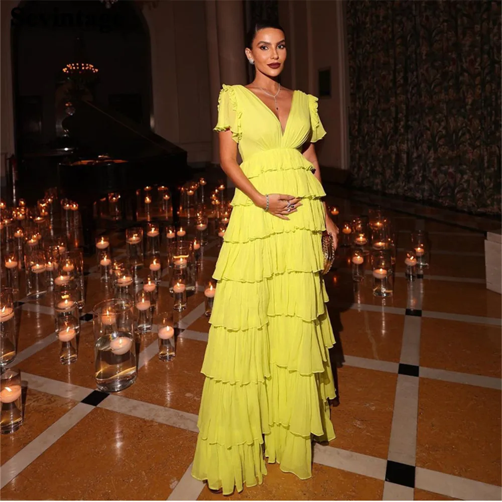 Sevintage Customized Lemon Yellow Prom Dress Chiffon Deep V-Neck Puff ...
