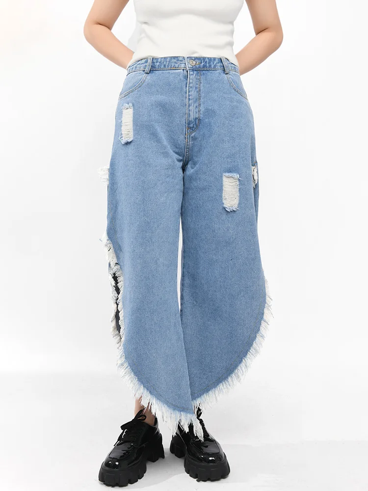 [EAM] High Waist Blue Burr Irregular Denim Wide Leg Jeans New Loose ...