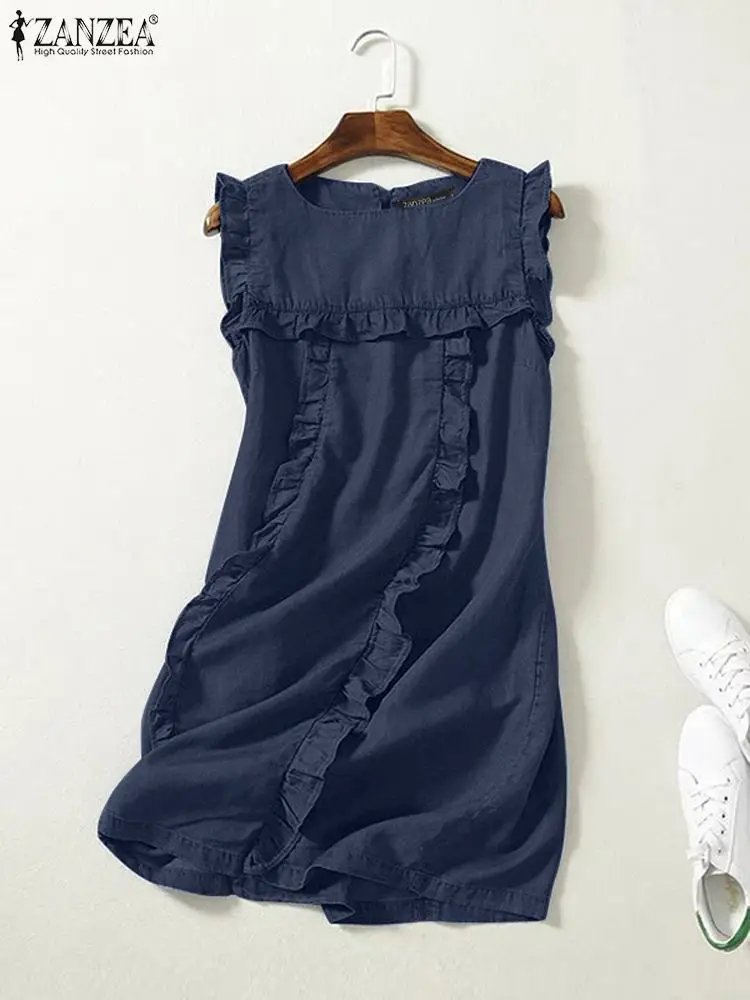 ZANZEA-Women-Denim-Mini-Dress-2024-Summer-Sleeveless-Ruffles-Sundress ...