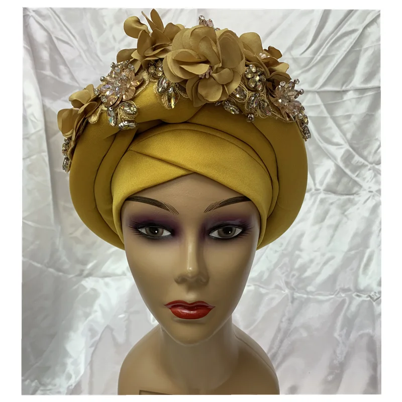 Fashion-Yellow-Women-Diamonds-Flower-Turban-Cap-New-Muslim-Headscarf ...