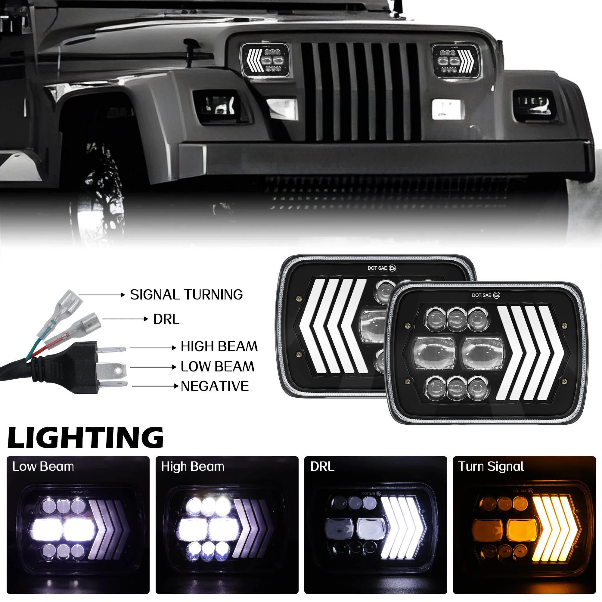 5x7-4x6-Square-7Inch-LED-Headlight-Dimming-60W-Wrangler-Off-road-Pickup ...