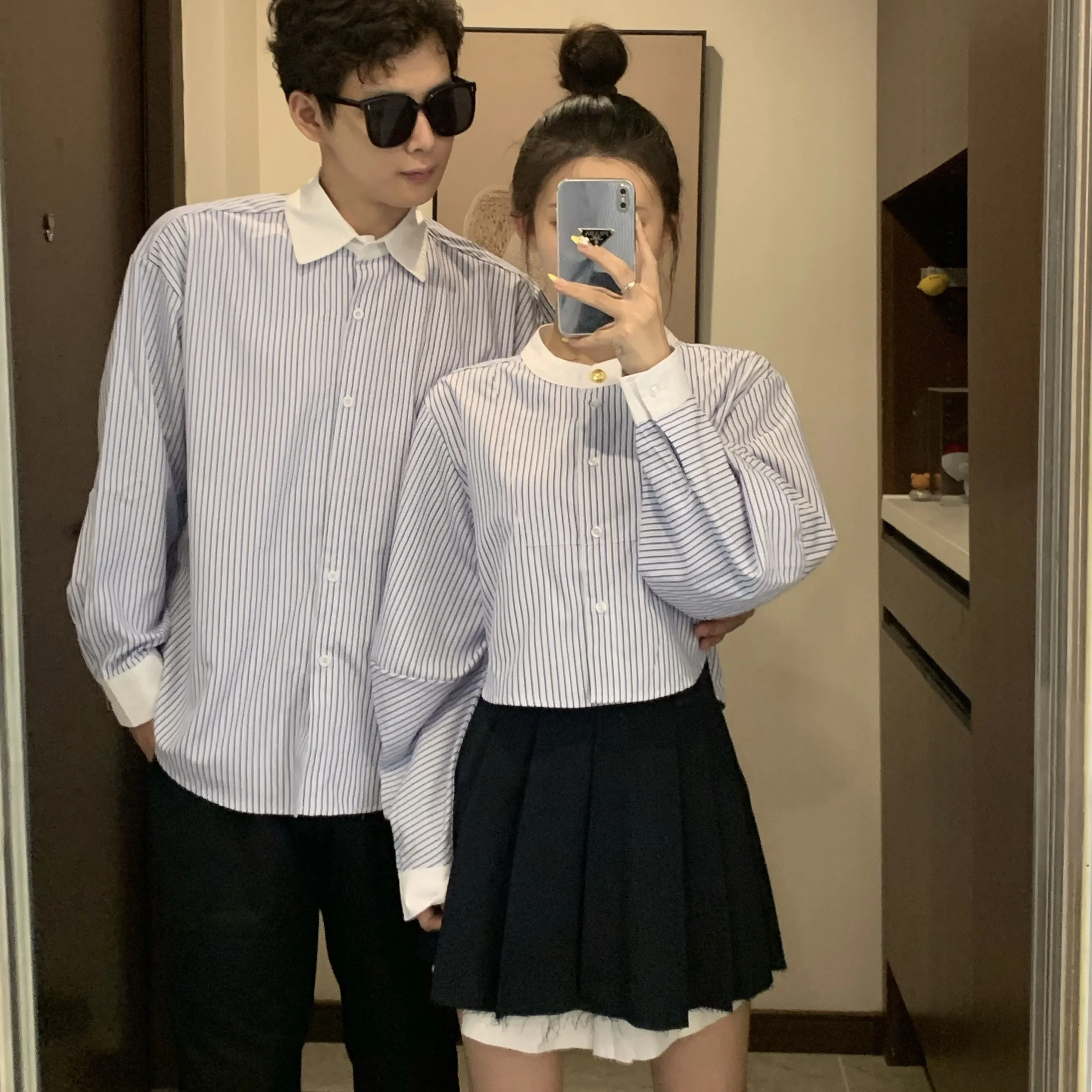 1166-Couples-matching-outfits-preppy-casual-striped-women-s-short-shirt ...