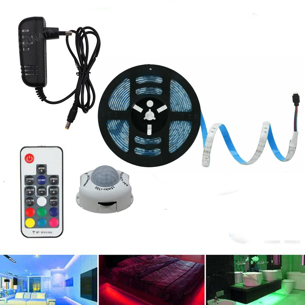 1-5M-PIR-Motion-Sensor-LED-Strip-bed-light-5050-RGB-Under-Cabinet-Tape ...