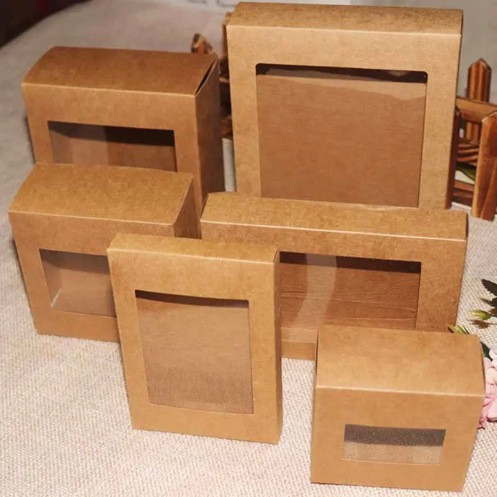 10 Pcs Hot DIY Vintage Color Kraft Paper Gift Box Package With Clear ...