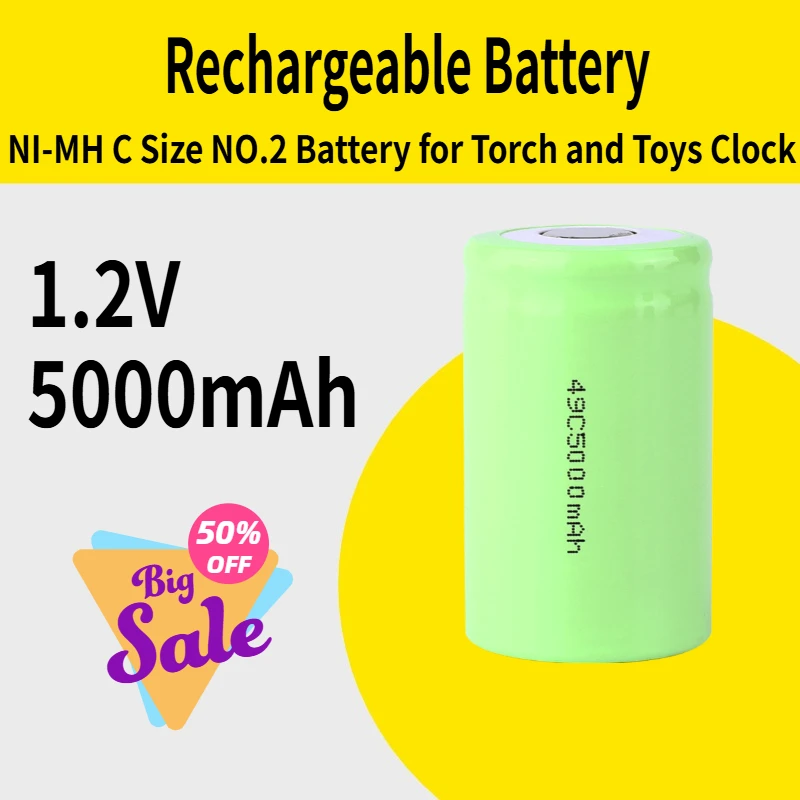 5000mAh 1.2V Rechargeable Battery Pack NI-MH C Size NO.2 Battery with ...