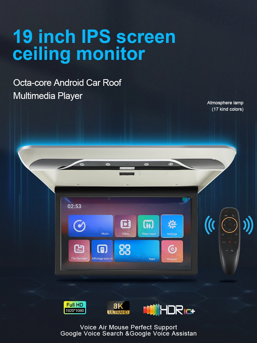 Carflyer Android Roof Ceiling Mounted Player 1080p Tft Lcd 19 Inch Car ...