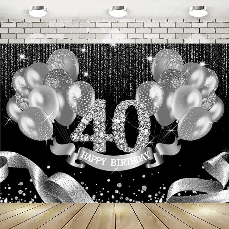 Happy-40th-Birthday-Backdrop-Photography-Silver-Black-Forty-Years-Old ...