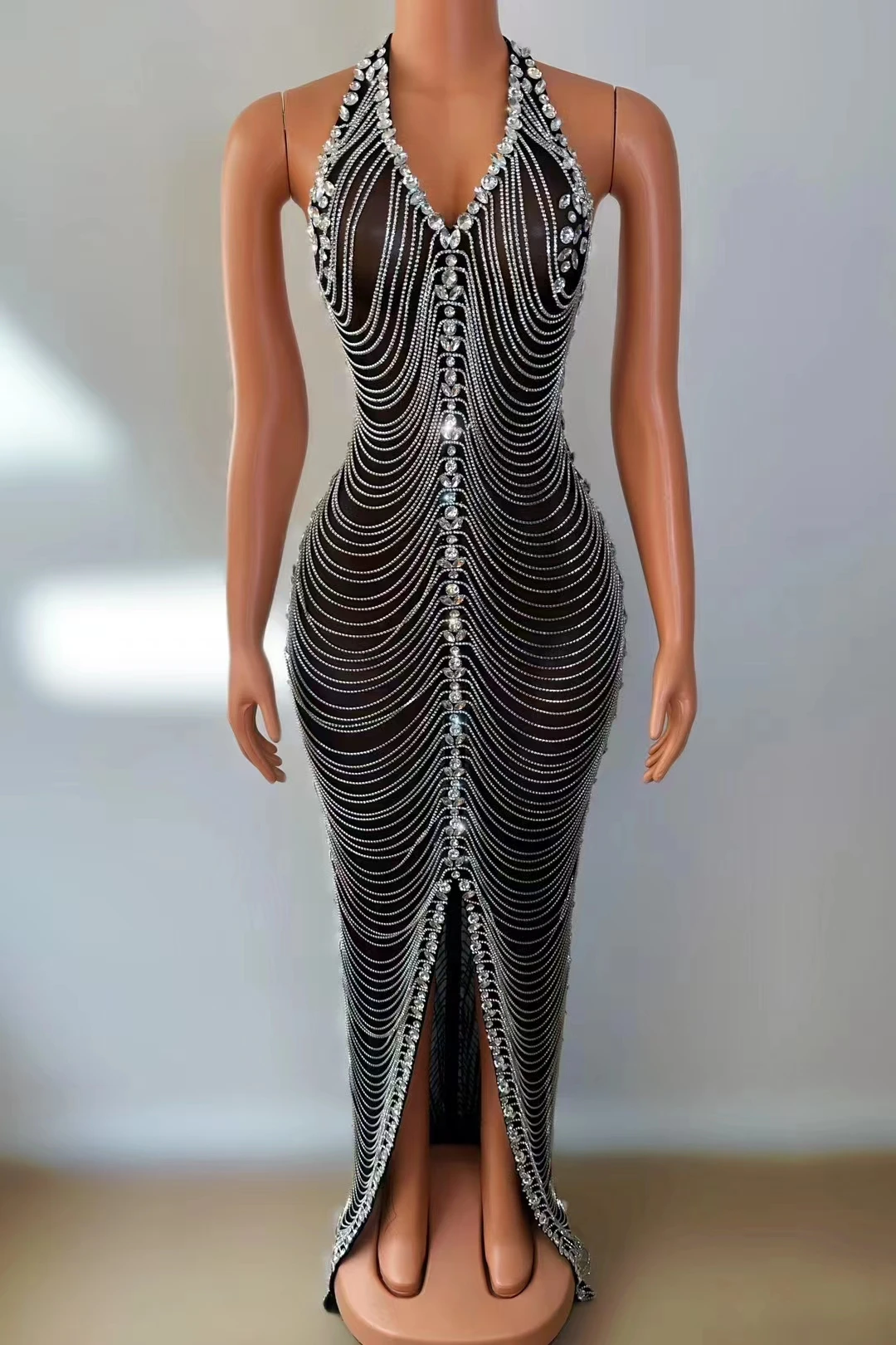 Luxrious-Rhinestones-Chains-Transparent-V-NeckBackless-Black-Long-Dress ...