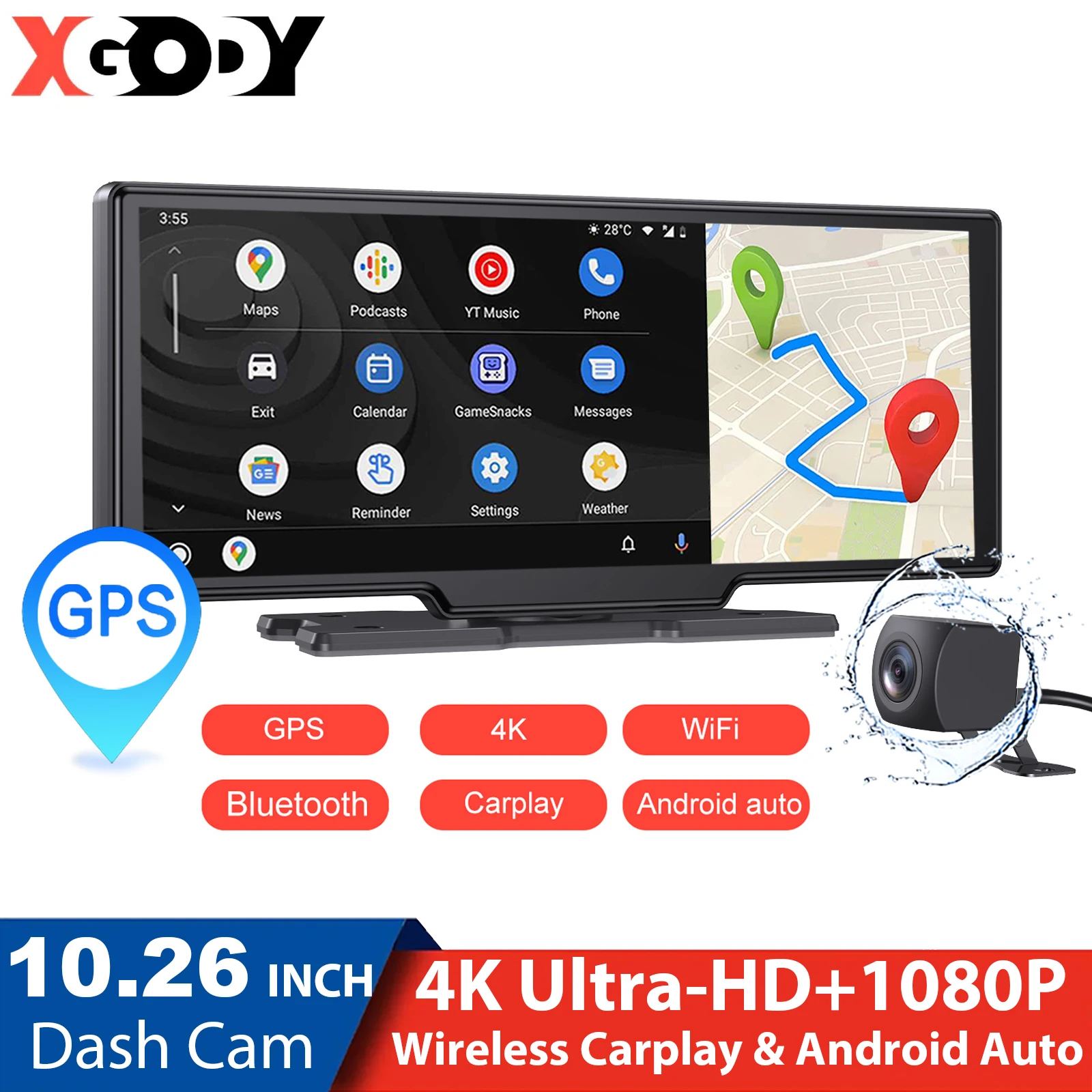 XGODY 차량용 DVR 레코더, GPS 네비게이션, 무선 카플레이 및 안드로이드 자동 대시보드 대시캠, 24 시간 주차 모니터 ...