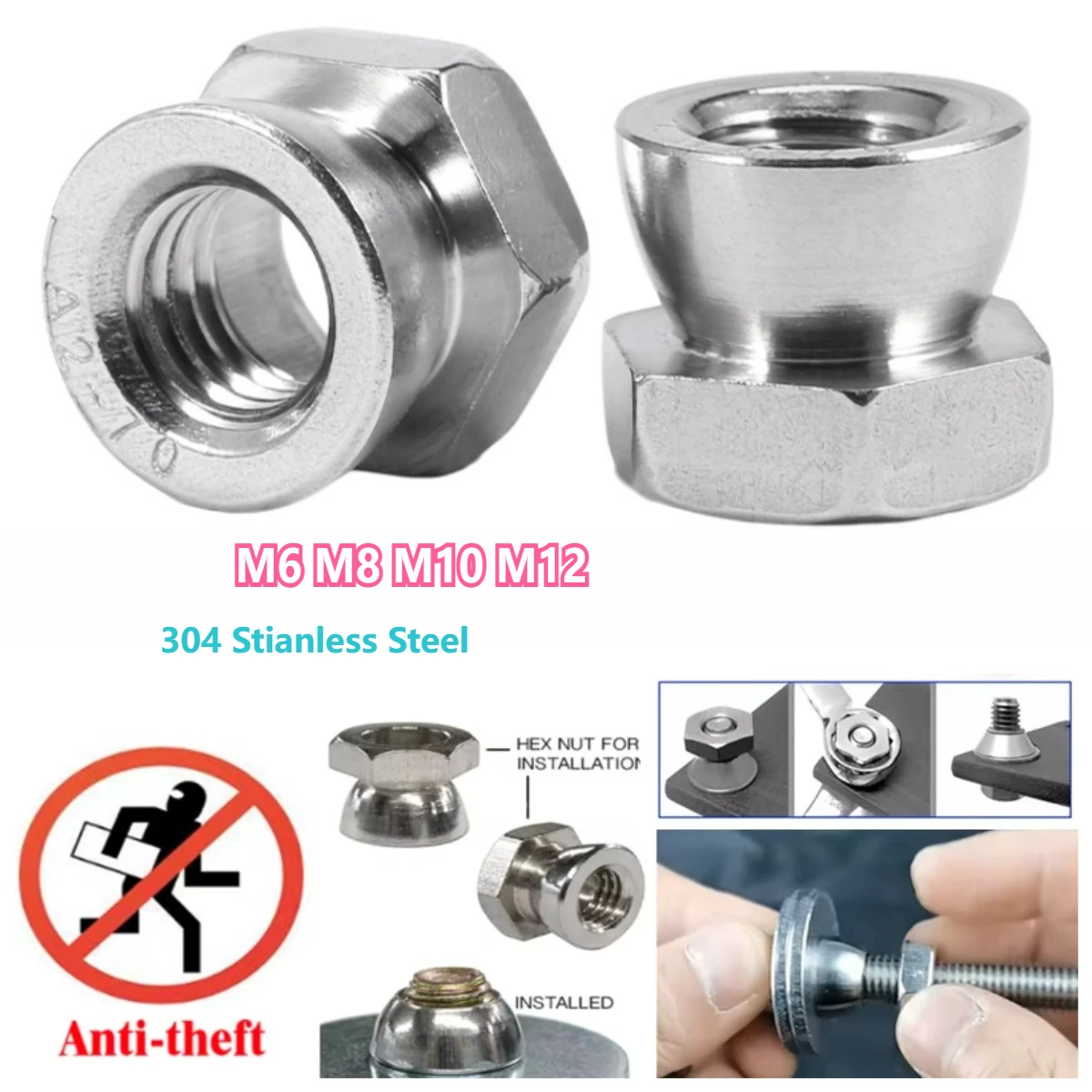 304 A2-70 Stainless Steel Nut Break Off Shear Anti Theft Breakaway ...