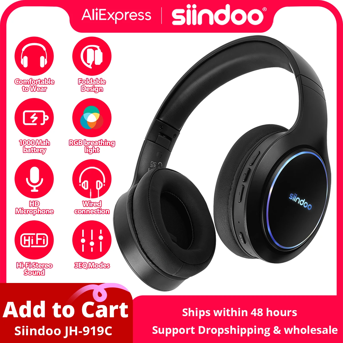 Siindoo-JH-919C-RGB-Light-Wireless-Bluetooth-Headphones-Foldable-Stereo-Earphones-Super-Bass-3EQ ...