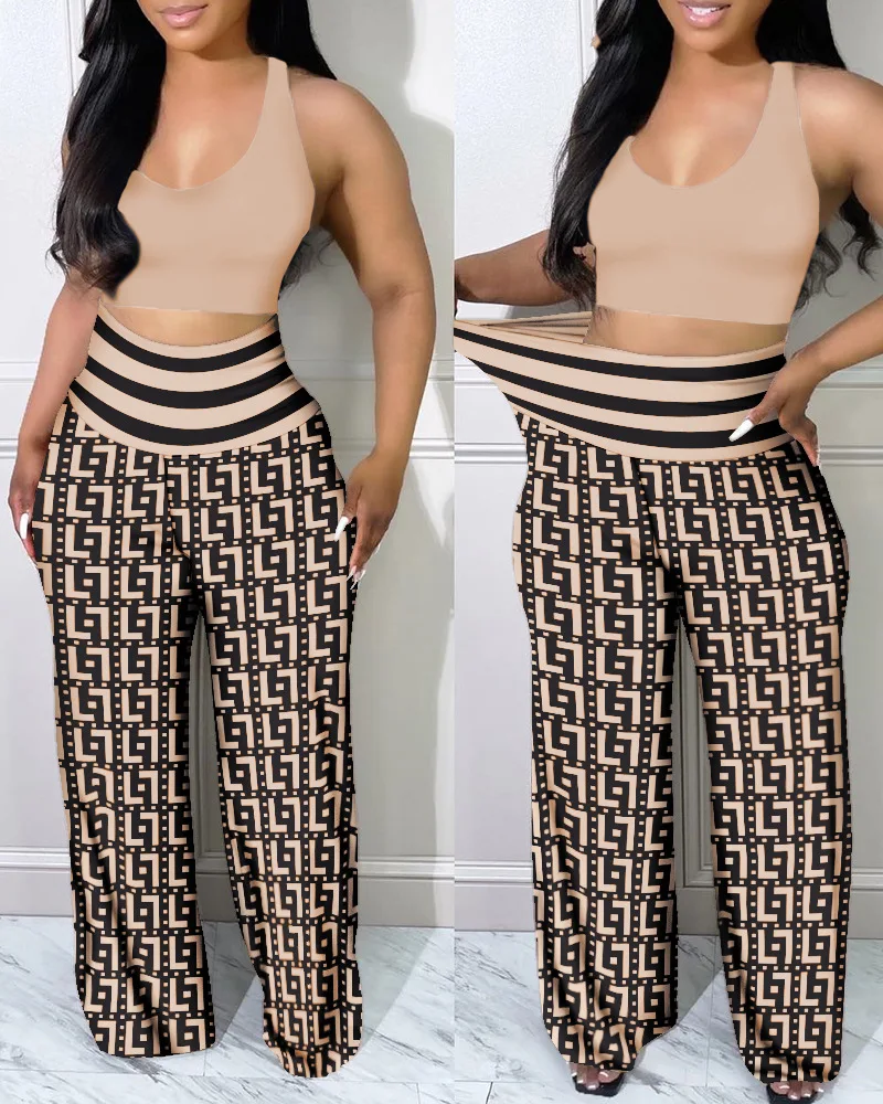 Crop Tank Top & Geometric Print High Waist Pants Set Spring Summer ...