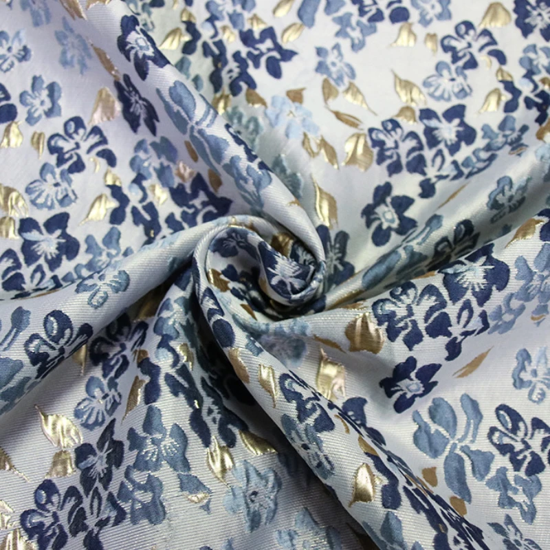 Blue Textured Jacquard Fabric Color Woven Three Dimensional Relief Gold ...