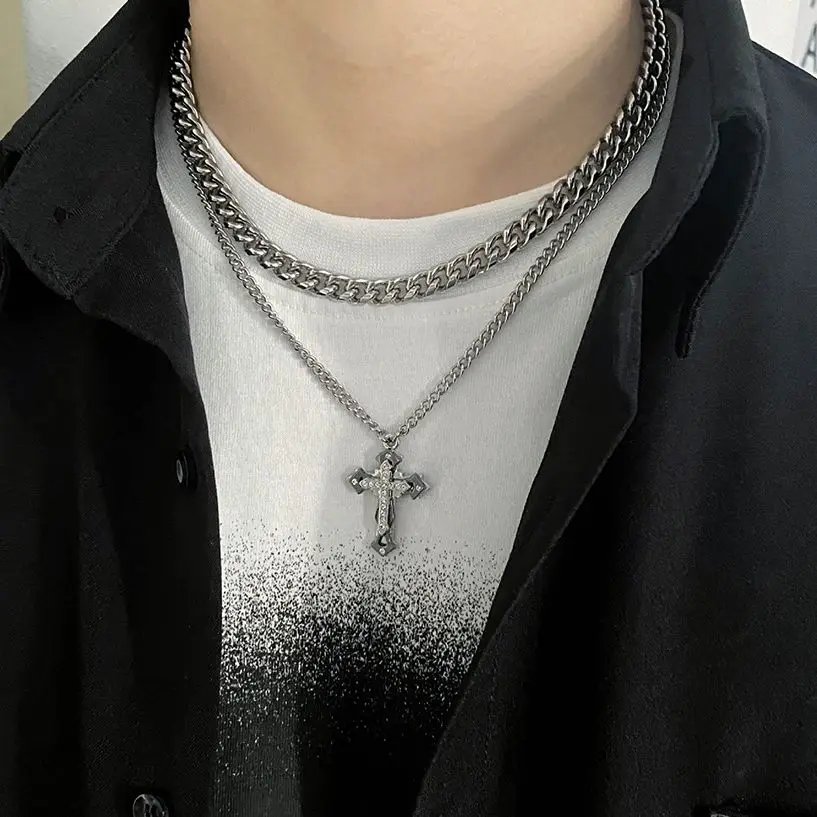 Stainless-Steel-Double-Layer-Cuban-Chain-Cross-Pendant-Necklace-Men ...
