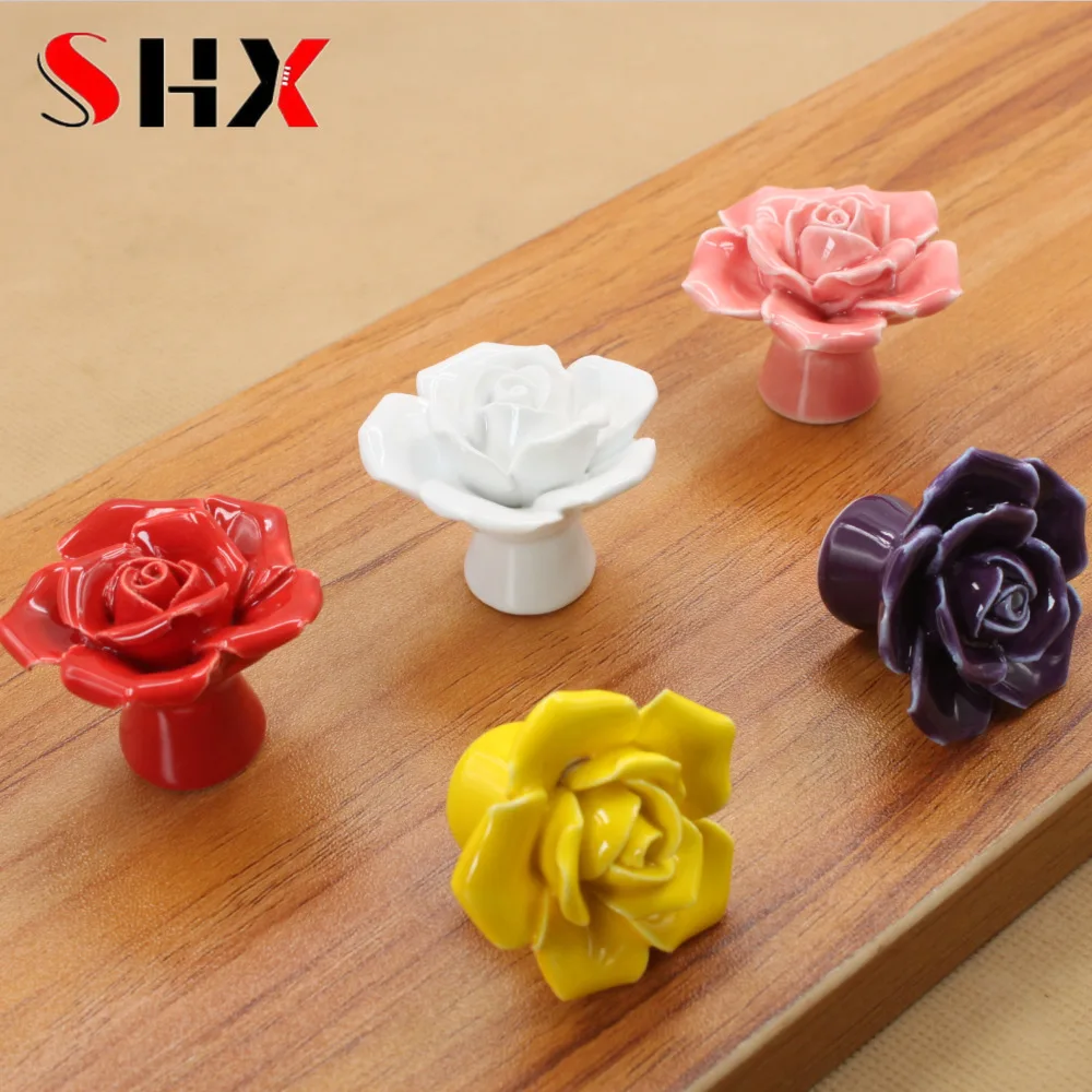 Fashion Furniture Handles Hardware Ceramic Flower Rose Drawer Knobs Rural Cabinet Cupboard ...
