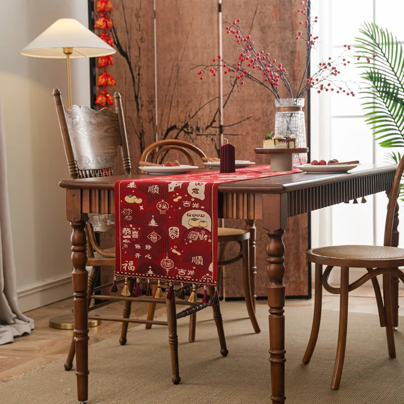 New Year Festive Red Restaurant Table Tassel Flag Color Woven Jacquard ...