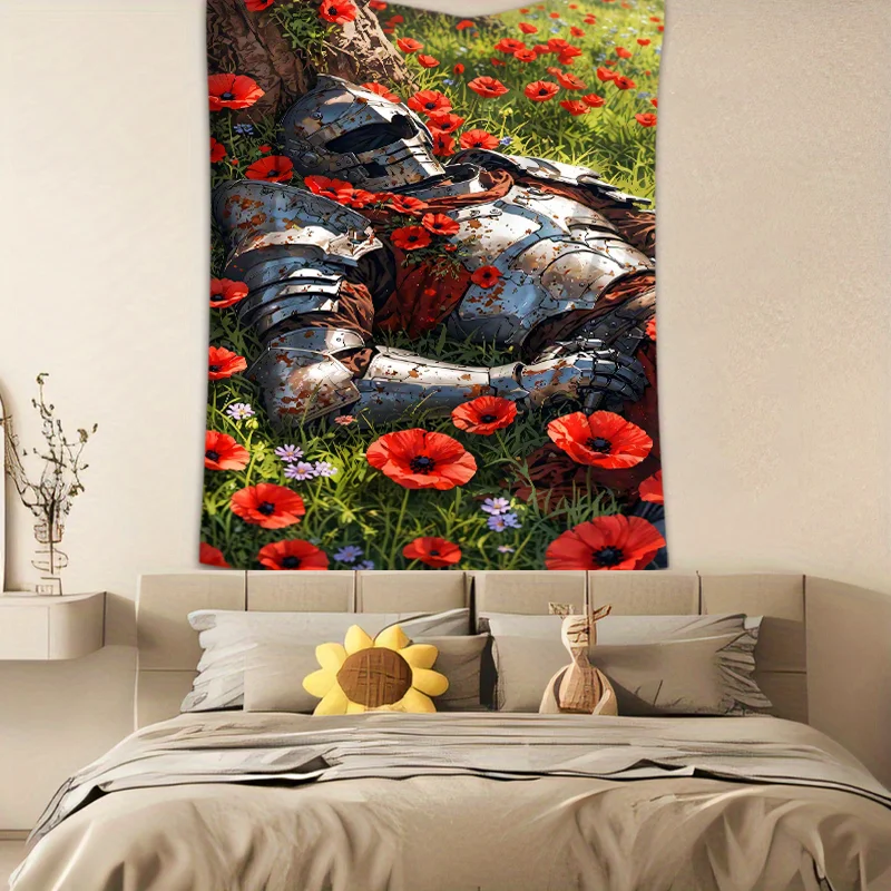 Knight in Armor Among Poppies Tapestry, Medieval Fantasy Wall Art for ...